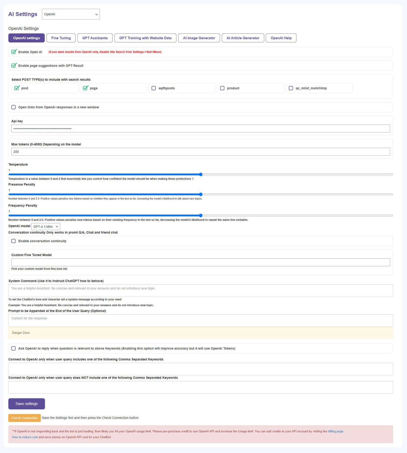OpenAI Settings - WPBot Pro Docs