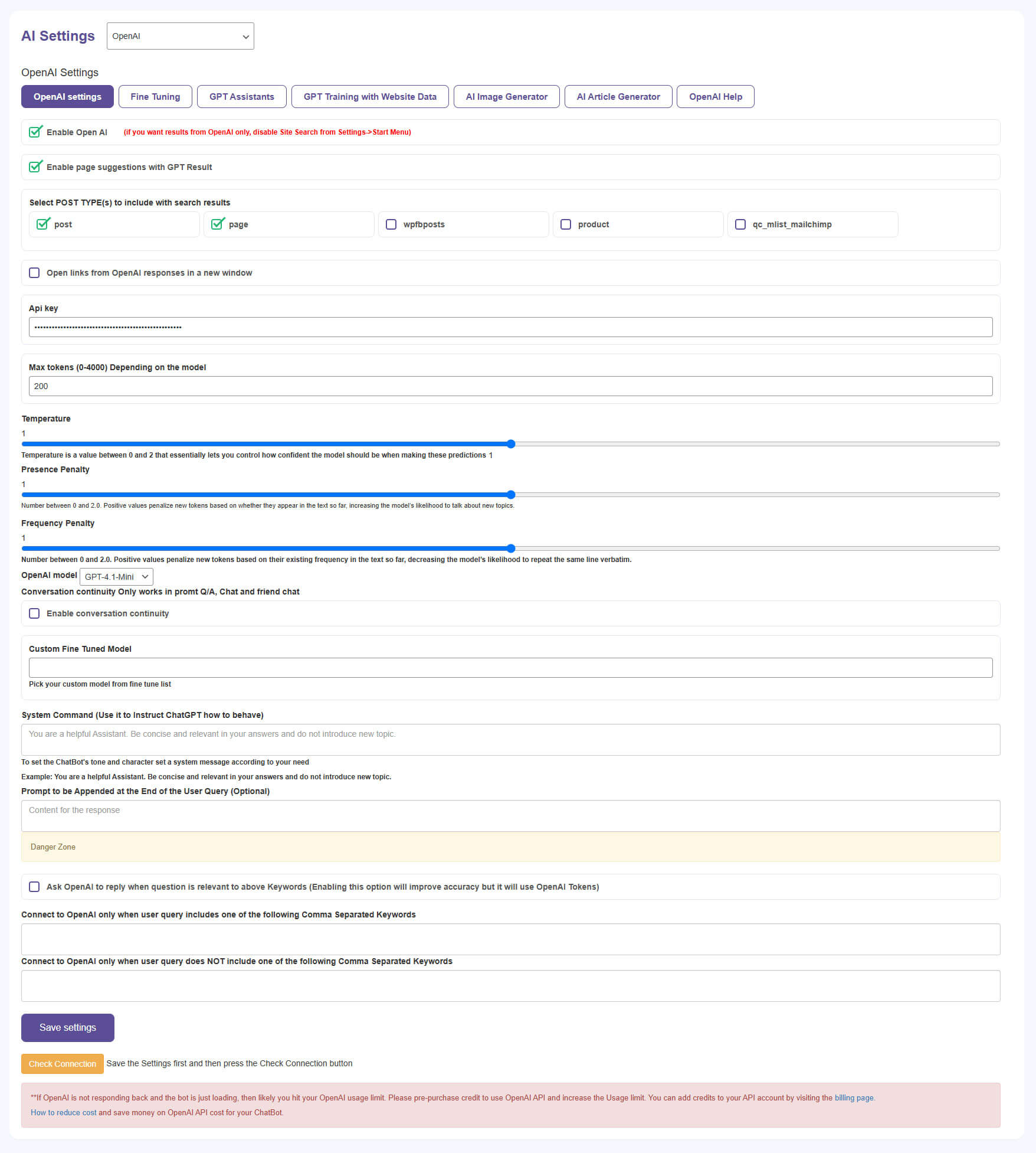 OpenAI Settings - WPBot Pro Docs
